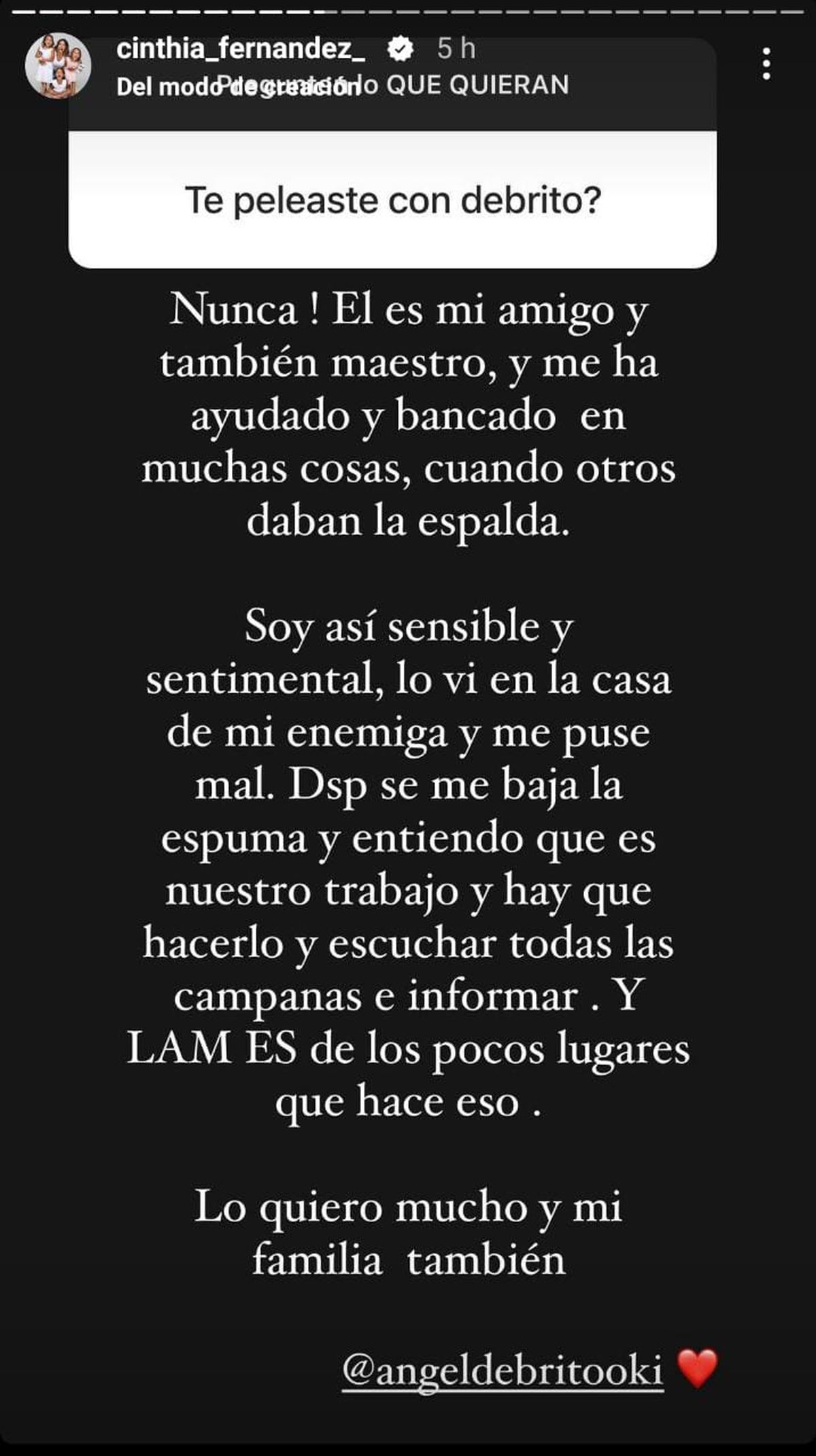 ¿Cinthia Fernández enojada con Ángel de Brito? Lo que aclaró en sus redes